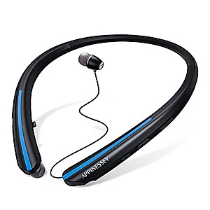 APPINESSEY Bluetooth Headphones Retractable, Neckband Headset with Sports Sweatproof/Waterproof, Noise Cancelling and Stereo Quality Sound Earbuds with Mic for Driving, Workout, Running (Black Blue)