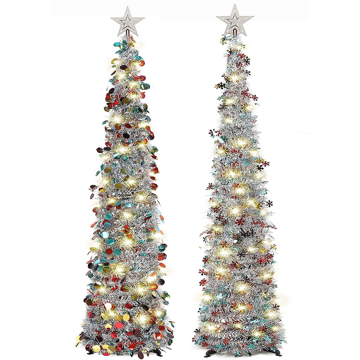 2Pcs Pop Up Christmas Tree with 50 Warm Lights 3D Topper Star - Collapsible Glitter Tinsel Artificial Christmas Pencil Trees Holiday Xmas Decoration for Indoor Home Office