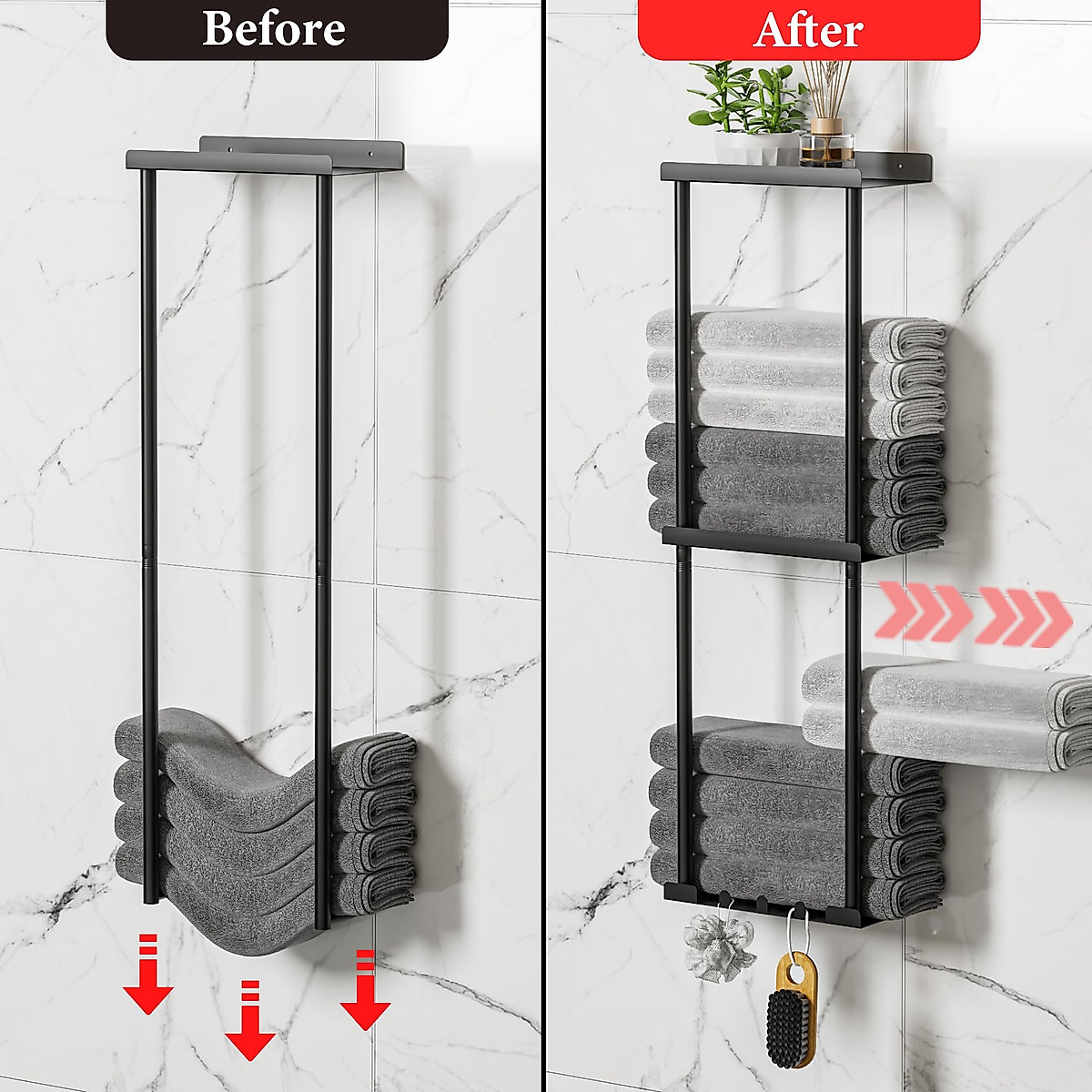 Vowupt Bathroom Towel Storage Rack, 3 Tier Towel Racks for Rolled Towels, Wall Mounted Metal Bathroom Organizer, Bath Towel Holder Shelf with 3 Hooks,Towel Racks for Bathroom