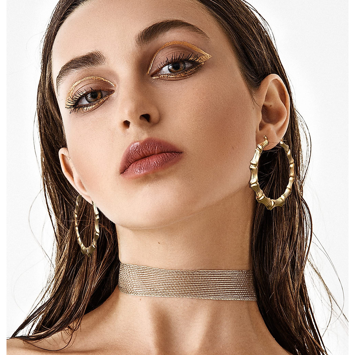 Fansilver 6Pairs Bamboo Earrings Set Hollow Casting Hip-Hop Large Bamboo Earring For Women Oversize Different Shape Gold Hoop Earrings Set Fashion Rapper Accessories Jewelry