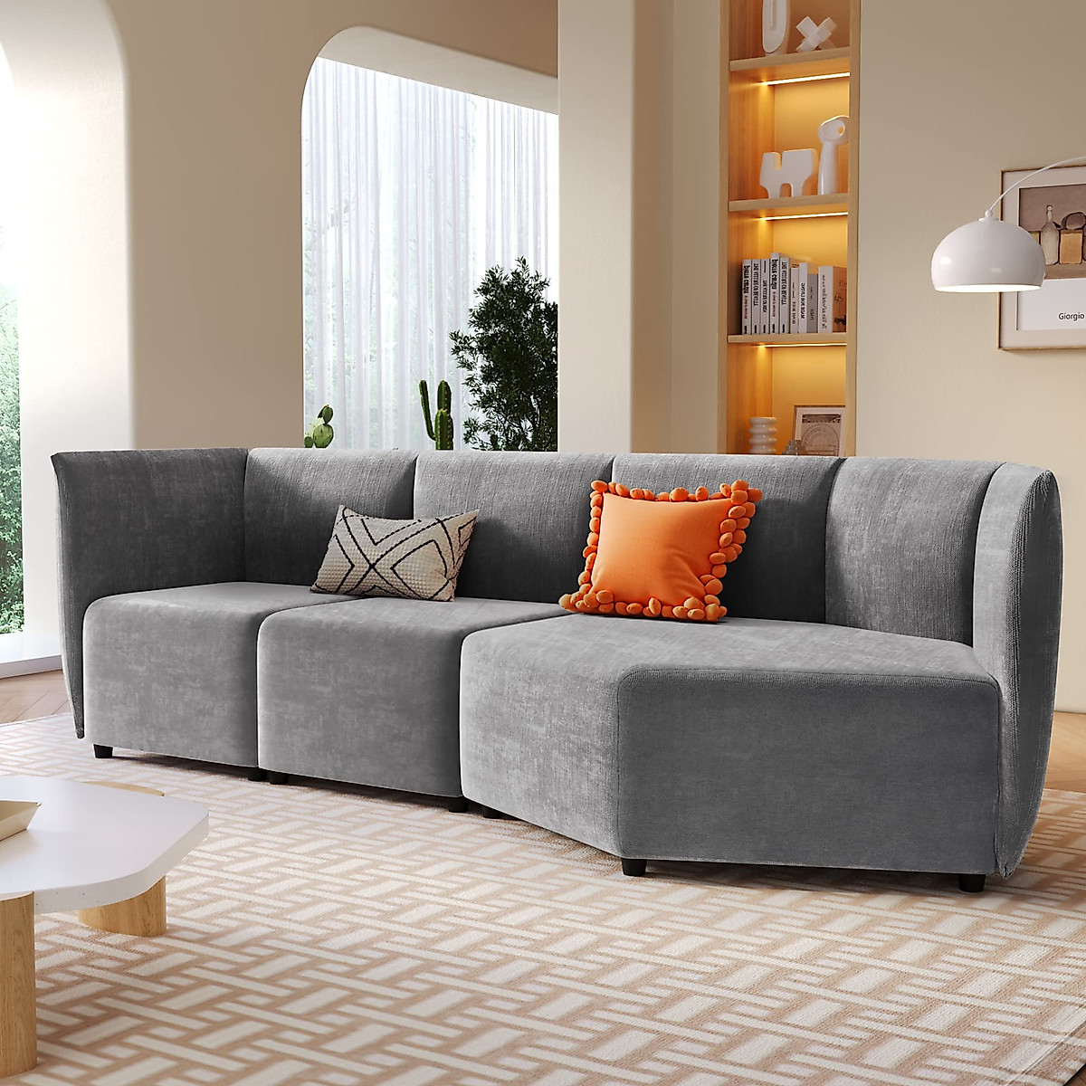 WILLIAMSPACE 106.3" Modern Sectional Sofa for Living Room, 4 Seater Upholstered Curved Sofa Couch with Adjustable Back, Free Combination Modular Sofa for Home Office - Grey
