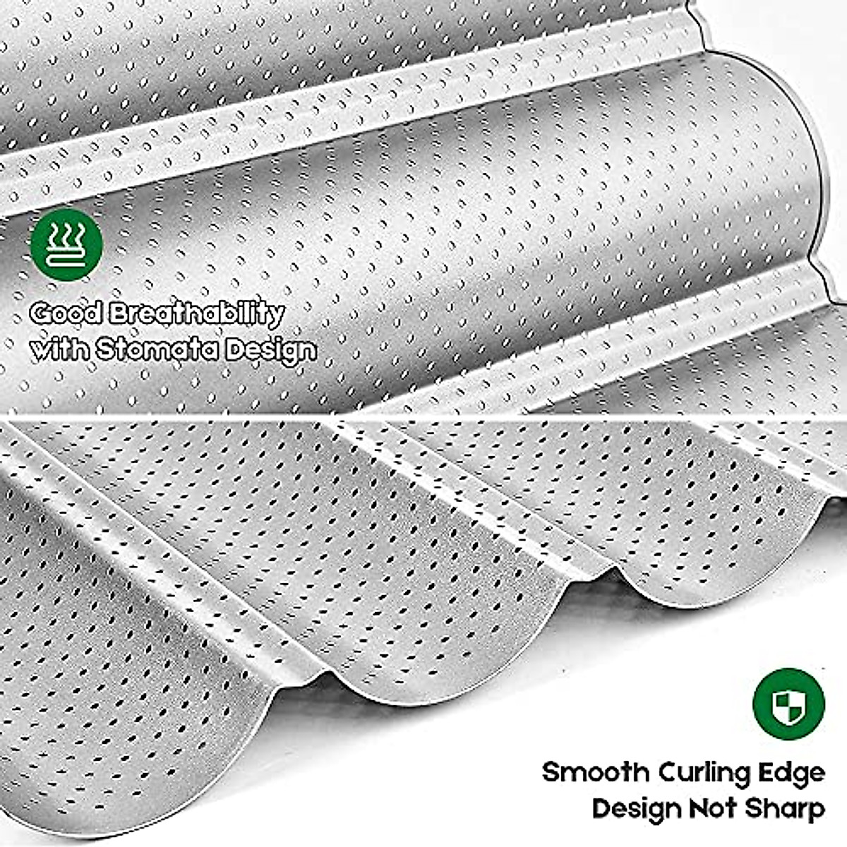 AMAGABELI GARDEN & HOME Nonstick Perforated Baguette Pan 15" x 13" for French Bread Baking 4 Wave Loaves Loaf Bake Mold Toast Cooking Bakers Molding 4 Gutter Oven Toaster Pan Cloche Waves Silver