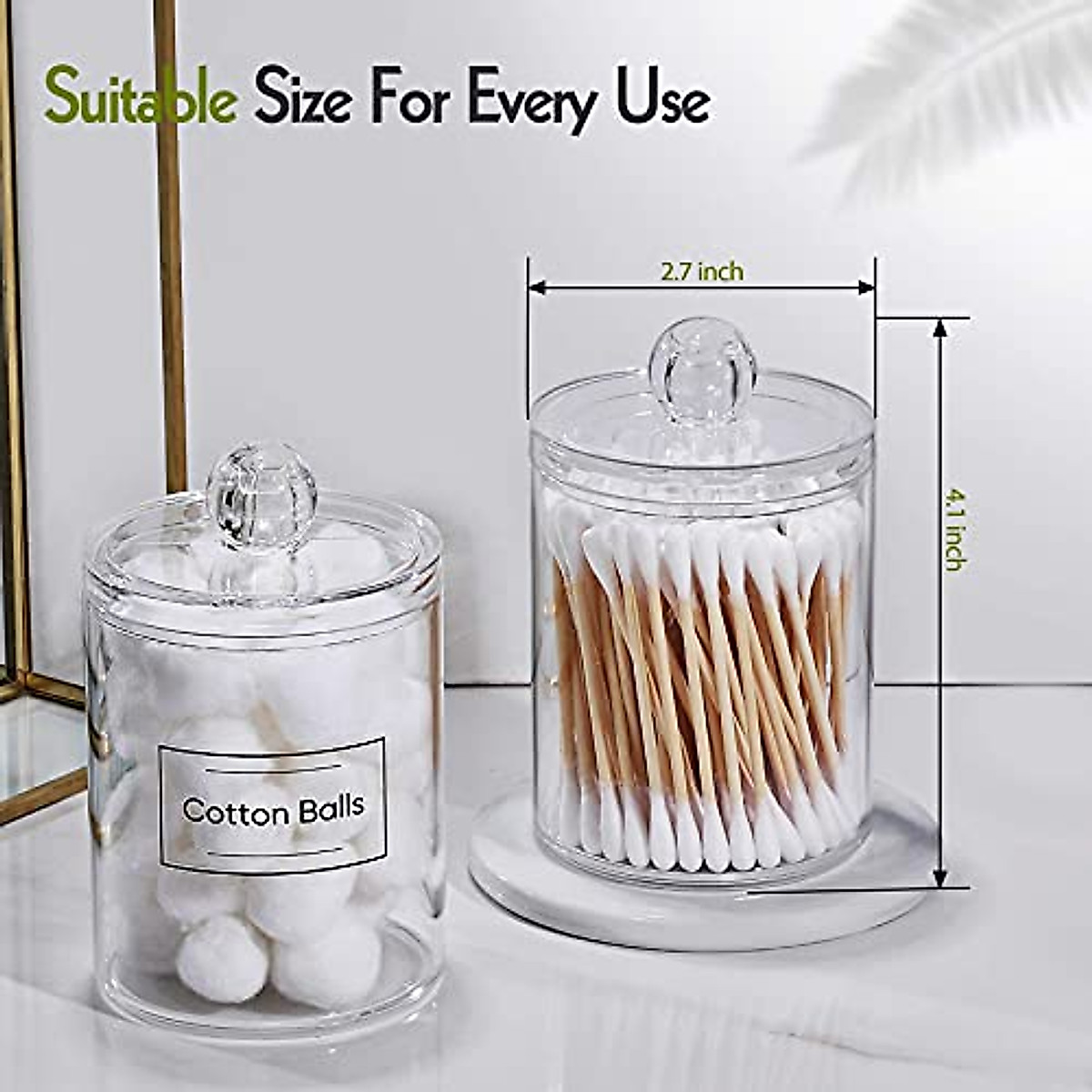 2 Pack Dustproof Storage Box for Cotton Ball, Cotton Swab, Cotton Round Pads, Floss - 10 Oz Clear Plastic Apothecary Jar Set for Bathroom Canister Storage Organization, Vanity Makeup Organizer