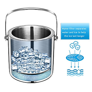 Hemoton Stainless Steel Ice Bucket with Lid Tongs and Strainer 1.3 L Double Wall Ice Barrel Insulated Ice Cube Bucket Ice holder Chilling Beer Bucket for Cocktail Bar, Parties, Buffet