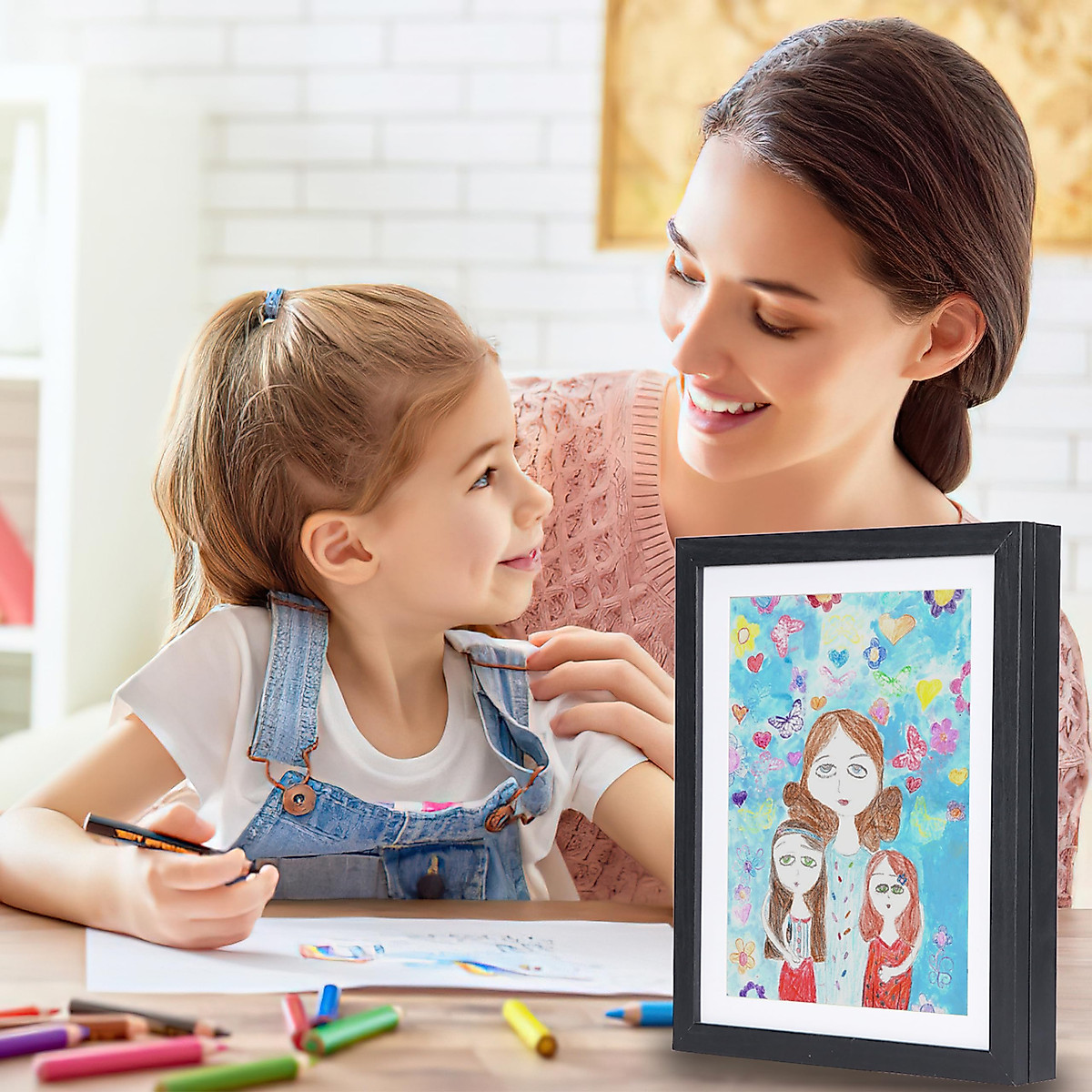 Giftgarden Black Kids Art Frame Changeable, Matted Display 8.5x11 Picture with Mat or 10x12.5 without Mat, Hinged Wood Frames for Children Artwork Projects Drawing Storage, Holds 150Pcs A4