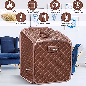 COSTWAY Portable Steam Sauna, 2L Folding Home Spa Sauna Tent for Weight Loss, Detox Relaxation at Home, Personal Sauna with 9 Temperature Levels, Timer, Remote Control, Foldable Chair (Coffee)