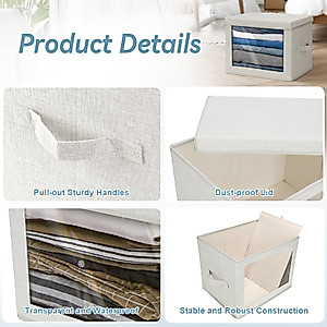 Bellzacasa Large Collapsible Storage Bins with Lids, 3 Pack Foldable Clear Window Storage Boxes with Handles, Linen Fabric Storage Cubes Baskets Organizer Containers, Beige, 15.8x11.8x11.8”