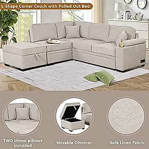 Merax L Shaped Sectional Sofa Couch Sleeper Bed with Storage Ottoman and Chaise for Living Room, Small Apartment Love Seats, Beige_Linen