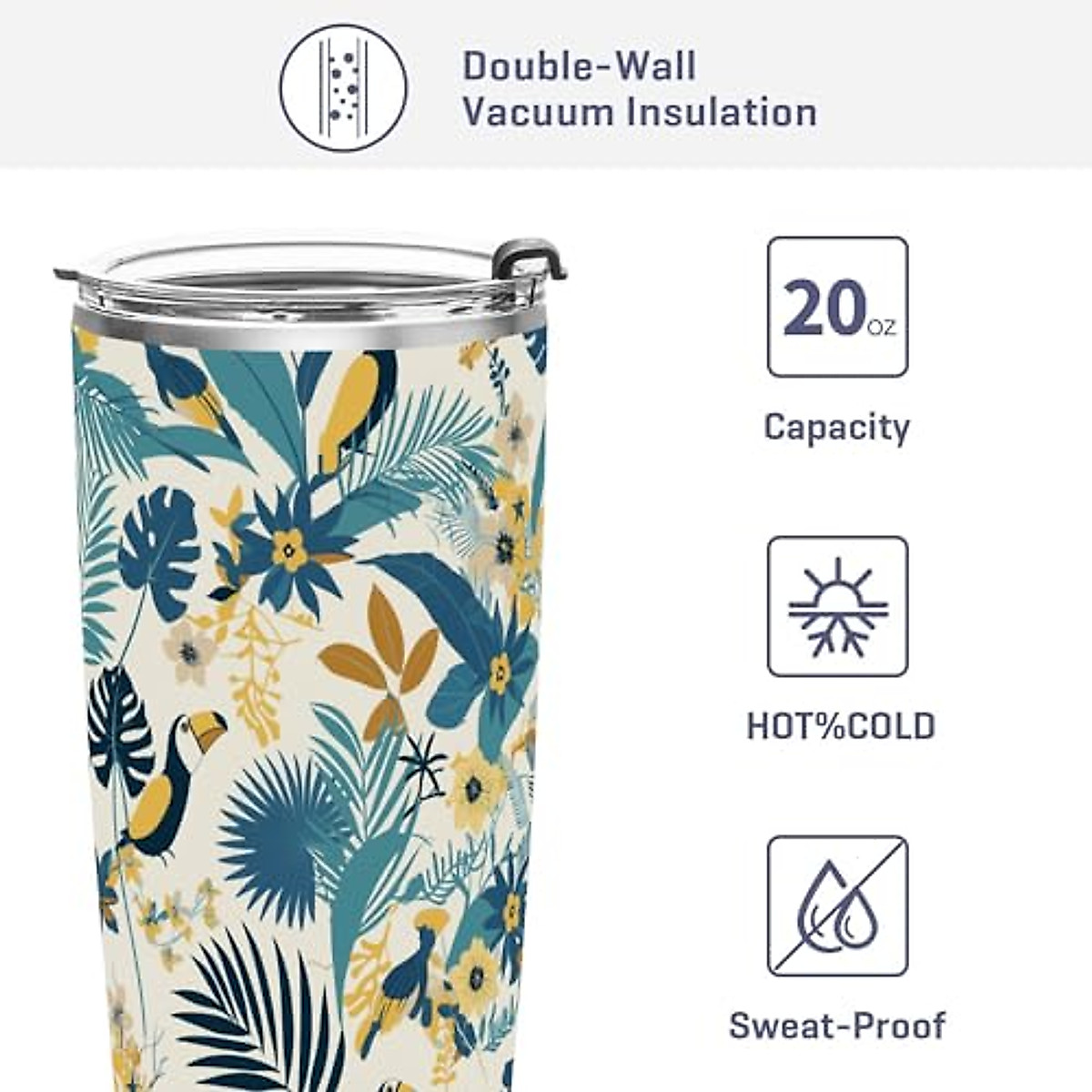 Tropical Style Leaves and Bird Pattern Yellow and Blue Stainless Steel cups with lids with Straw Lid coffee mug to go for outdoor safe insulated tumbler with lid 20 OZ