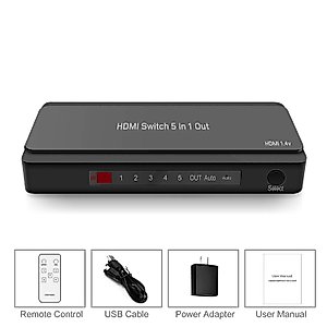 RuiPuo 5Por tHDMI Switcher, HDMI Selector 5 in 1 Out with PIP Function and IR Wireless Remote Control for Fire Stick, Xbox, PS3/4, Roku, Apple TV and DVD Players ect Support 4K, 3D Ultra HD