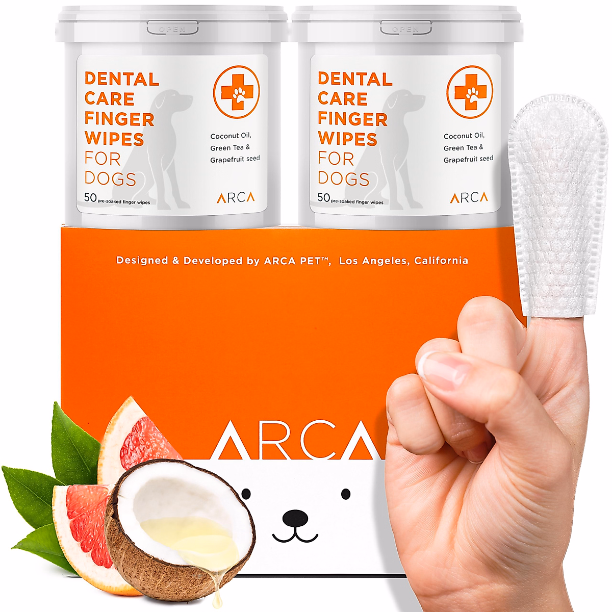 ARCA PET Dental Finger Wipes for Dogs - 100 Wipes - Vet Formulated Dog Dental Teeth Cleaning Wipes for Dogs - Pre-Soaked Oral Cleaning Pads- Reduces Plaque, Tartar & Dog Breath Freshener