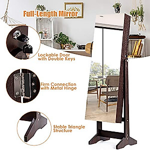 CHARMAID Jewelry Armoire Cabinet with 47.2'' Full Length Mirror, Standing Lockable Wooden Jewelry Organizer Storage Box with Large Capacity, 4 Angles Adjustable (Brown)