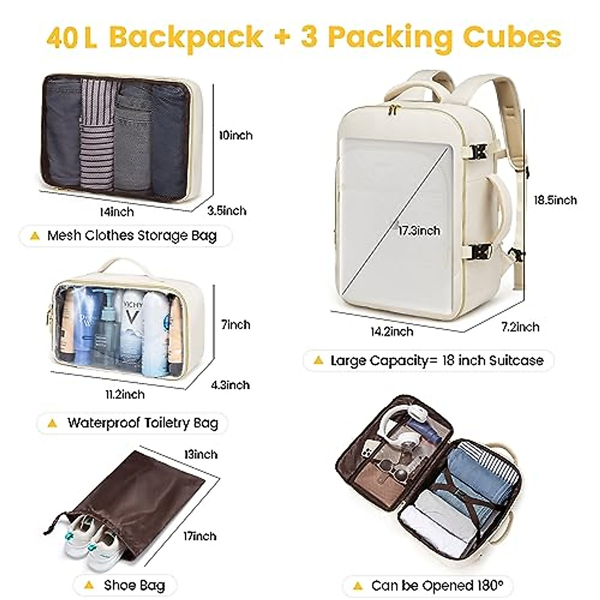 LOVEVOOK Carry on Backpack,40L Women Travel Backpack Airline Approved,Waterproof Large TSA 17inch Laptop Backpack Daypack with Anti-theft Pocket for Business Trip College Weekender,Beige