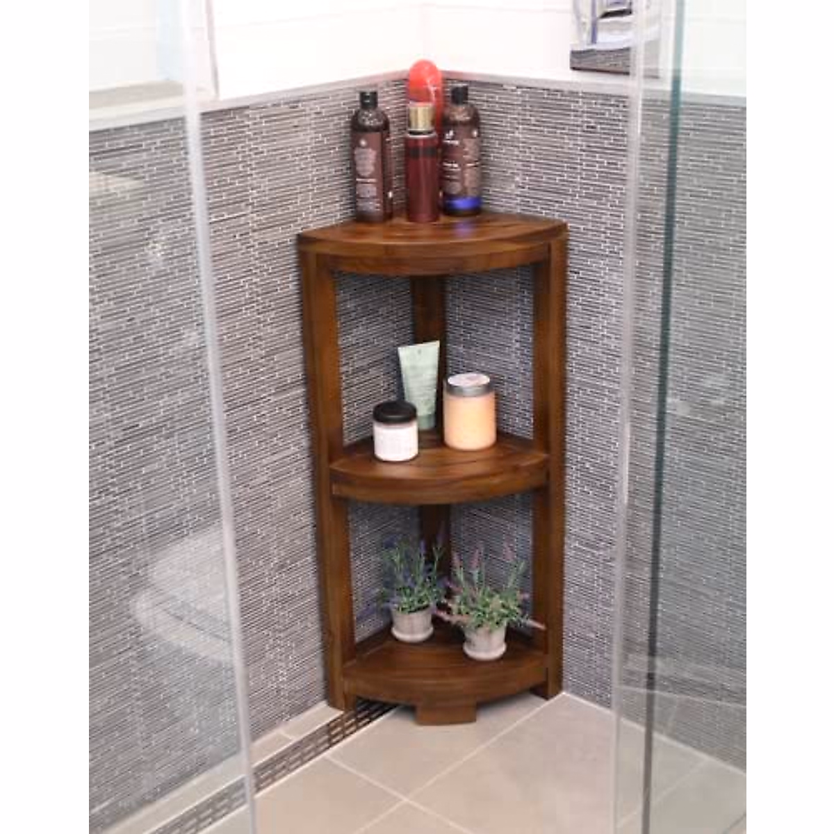 ALATEAK Corner Teak Wood Bath Spa Shower Stool Corner Shelf Storage Fully Assembled