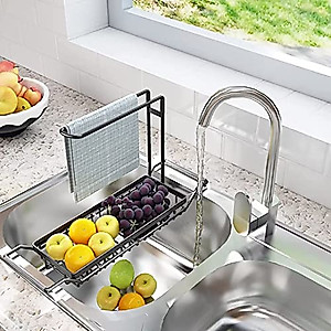 JUMBO FILTER Sponge Holder for Kitchen Sink, Telescopic Sink Storage Rack, Home Stainless Steel Sink Caddy Expandable (16.7"-21.3"), with Dishcloth Towel Holder (Black)