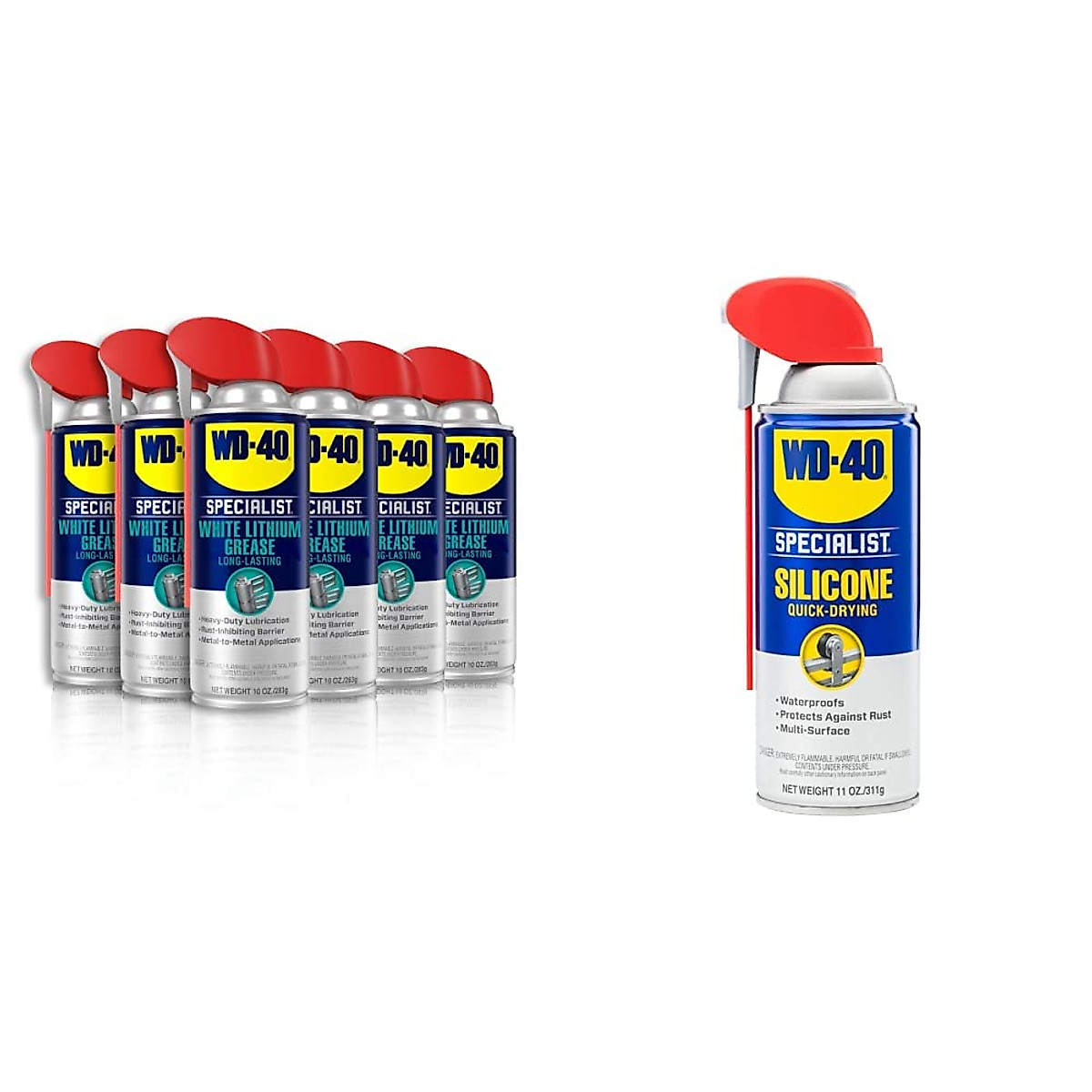WD-40 Specialist White Lithium Grease Spray with Smart Straw Sprays 2 Ways, 10 OZ [6-Pack] & Specialist Silicone Lubricant with Smart Straw Sprays 2 Ways, 11 OZ