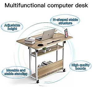 fshihine Portable Desk for Sofa and Bed 31.5"x19.5" Height Adjustable Laptop Table with Wheels, Rolling Small Mobile Standing Home Office Workstation for Small Spaces, Student Study Desk with Storage