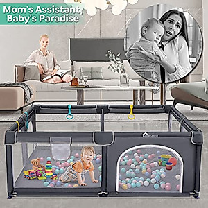 LFCREATOR Baby Playpen,71” x 60” Large Playpen for Babies and Toddlers with Soft Breathable Mesh,Safety Play Center Yard for Indoor&Outdoor,Sturdy Safety Baby Fence Play Area with Gate， Grey