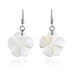 Tropical Plumeria Flower White Kabibe Shell Dangle Earrings