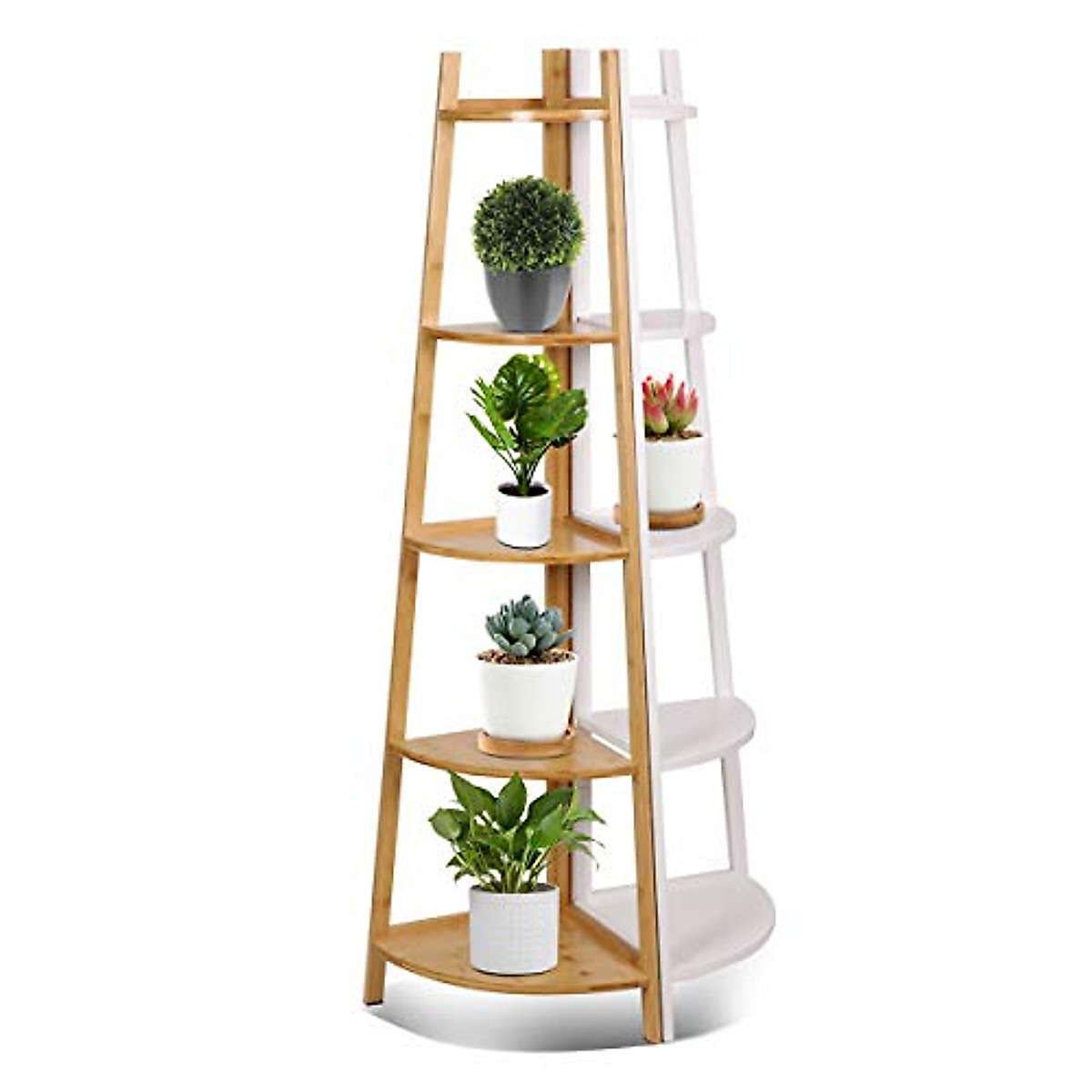 Magshion 5 Tier Bamboo Corner Storage Display Rack Shelves Kitchen Bath Plant Stand (White)
