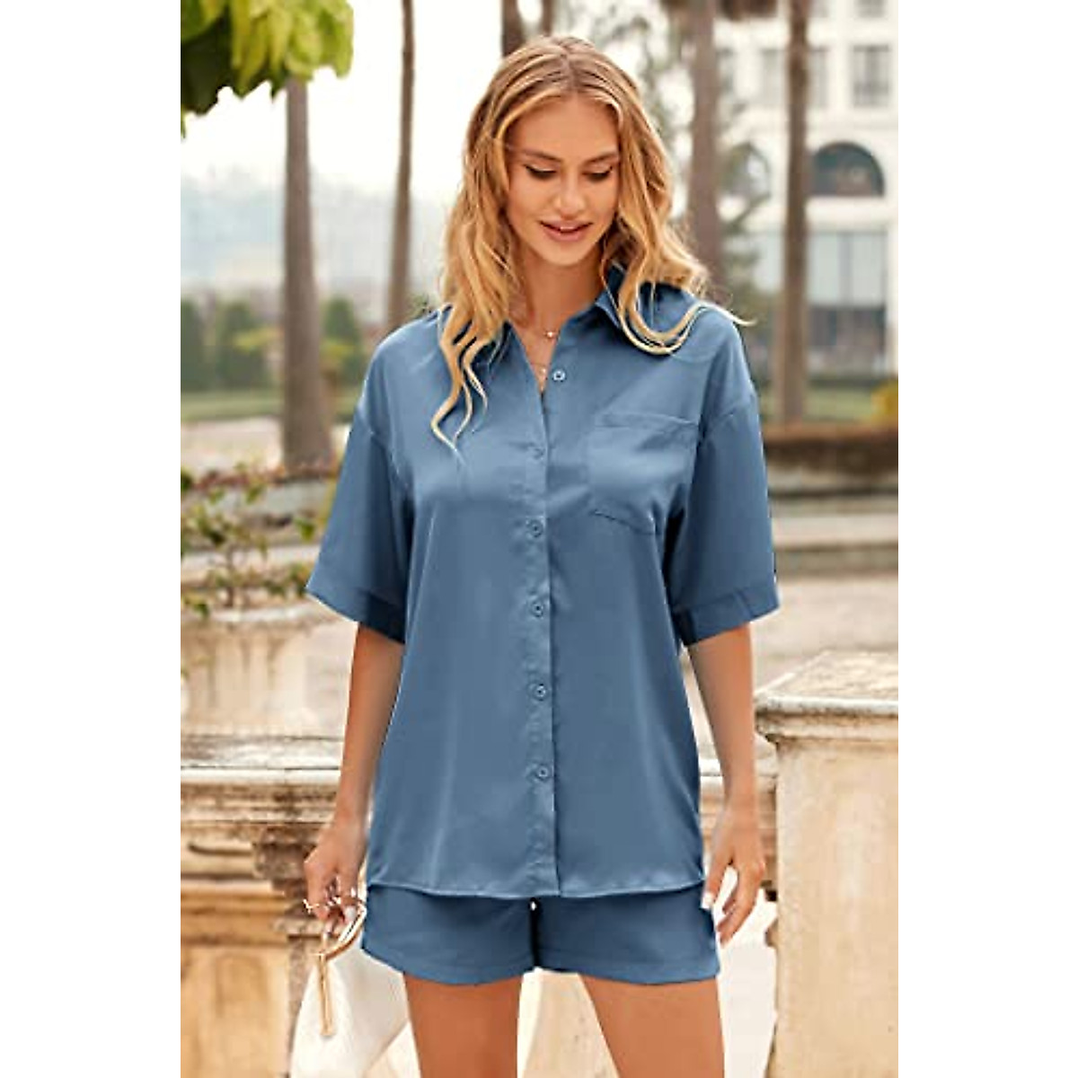 PRETTYGARDEN Women's 2 Piece Satin Pajama Sets Short Sleeve Button Down Tops And Shorts Set 2023 Summer Pjs Silk Sleepwear (Grey Blue,X-Large)