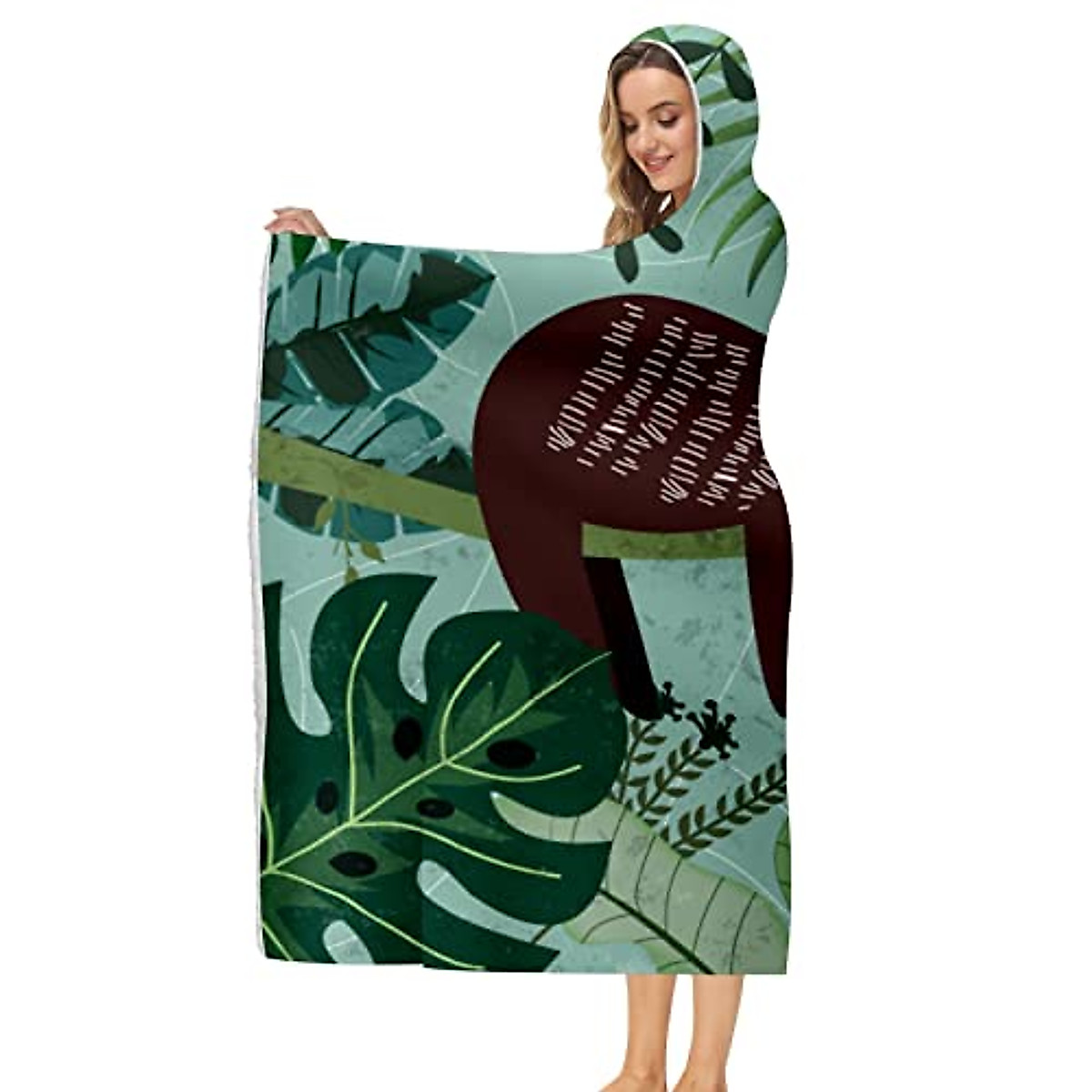 Hooded Blanket Sloth Sleep Tropical Jungle Wearable Blanket Hood Poncho Hooded Blanket Throw Plush Blanket Novelty Blanket for Bed Home Sofa 39x51 Inch