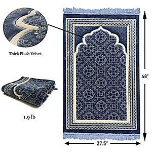 Modefa Turkish Islamic Prayer Rug - Soft Velvet Janamaz Praying Carpet - Comfortable Muslim Praying Mat for Men & Women - Ramadan or Eid Gift - with Kufi Prayer Cap - Elegant Swirl (Blue)