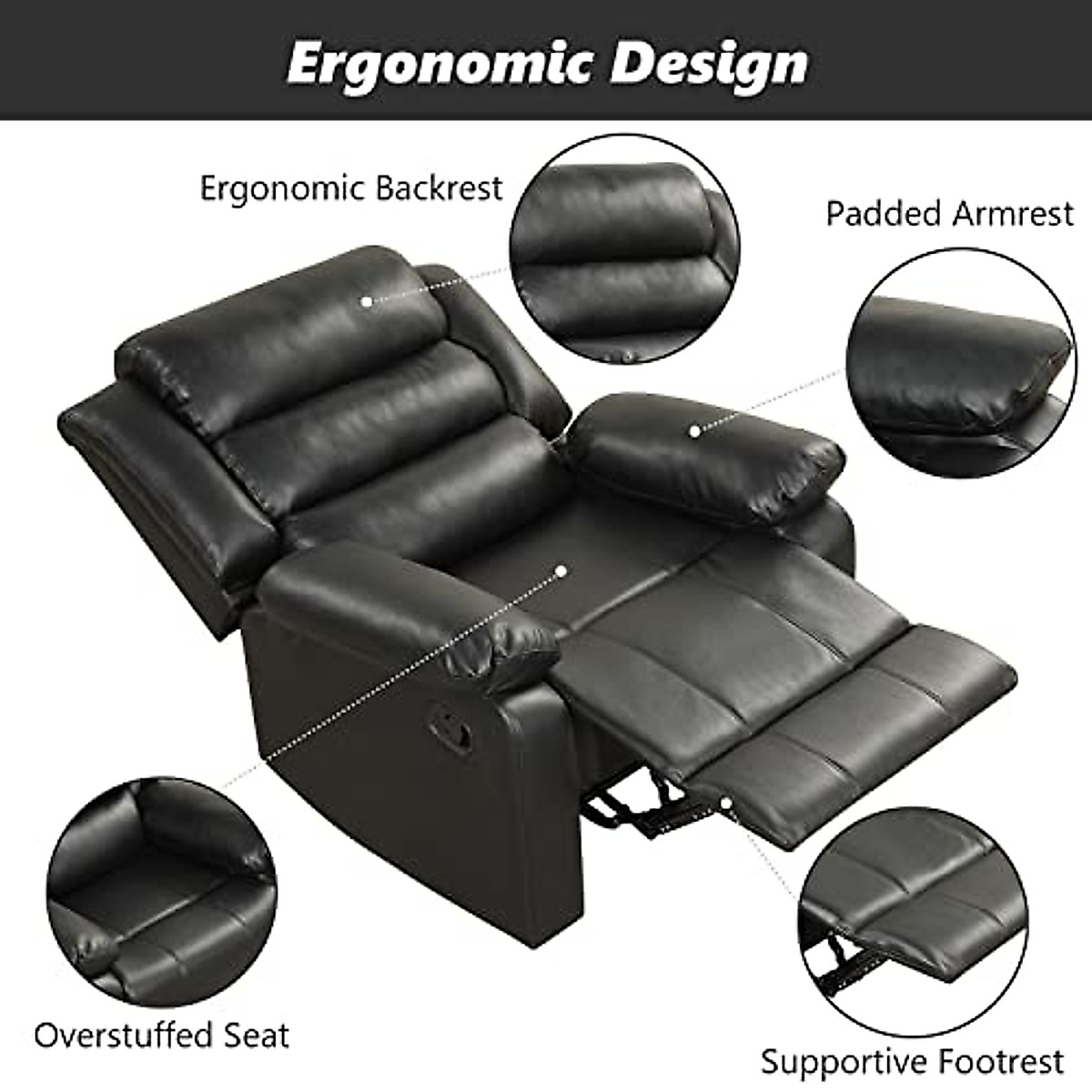 ANJ Manual Recliner Chair, Breathable PU Leather Reclining Chair, Extra Wide Recliners with Overstuffed Arm and Back, Single Sofa Chair for Living Room Bedroom(Black)