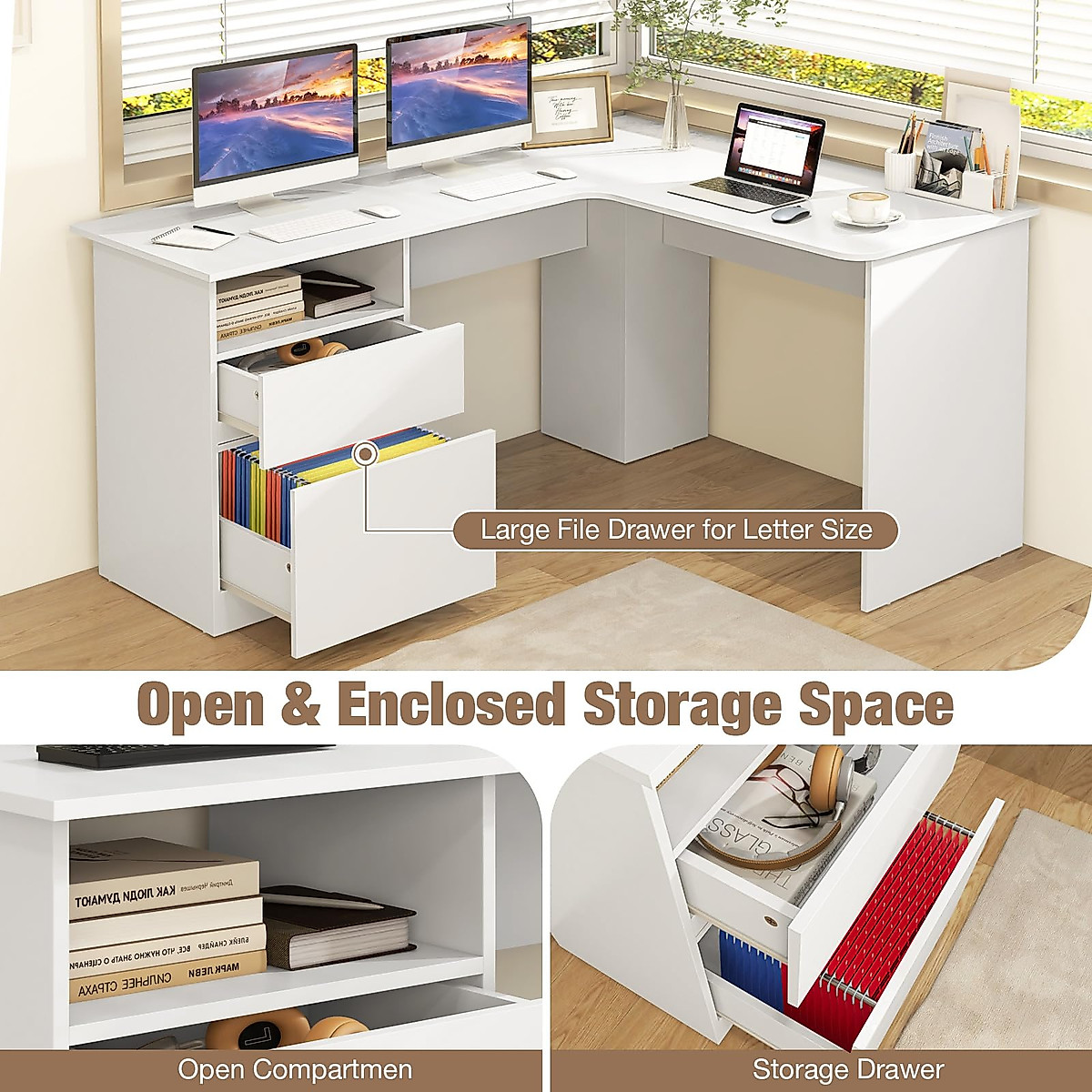 Tangkula L-Shaped Desk with 2 Storage Drawers, 59” Corner Computer Desk with File Drawer & Open Shelf, Computer Workstation with 2 Cable Management Holes, Space-Saving Executive Office Desk (White)