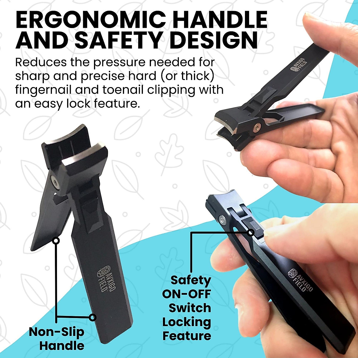 AVXIGO FIELD Ultra Sharp Sturdy Nail Clipper w/Catcher & Safety Lock, Wide Jaw Opening Curved Blade, Thick Fingernail Toenail Cutter - Comes w/Nail File, Microfiber Cloth & PU Leather Case (Black)