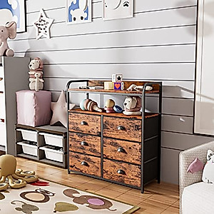 Furologee 6 Drawer Dresser Fabric,Double Shelf,Closet Organizer Storage Tower Unit for Bedroom, Living Room Entryway, Rustic Bins, Sturdy Metal Frame