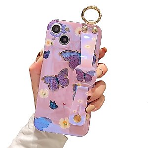 Lastma for iPhone 13 Mini Case Cute with Wrist Strap Kickstand Glitter Bling Cartoon IMD Soft TPU Shockproof Protective Cases Cover for Girls and Women (Butterfly)