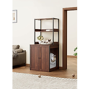 MOOLIVE Large Litter Box Enclosure Furniture for Self Cleaning Litter Box, Hidden Automatic Cat Litter Box Furniture with Shelves, Walnut