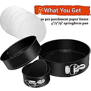 MASSUGAR Springform Pan Set of 3 - Nonstick Cheesecake Pan with Removable Bottom, Leakproof Round Cake Pan, Circle 3 Tiered 4" 7" 9 inch Spring form Pans for Baking with 50 Pcs Parchment Paper Liners