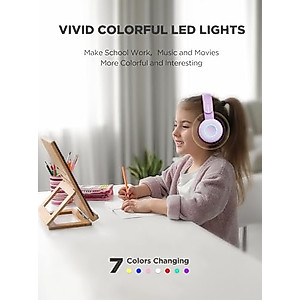 BIGGERFIVE Kids Wireless Bluetooth Headphones with 7 Colorful LED Lights, 50H Playtime, Microphone, 85dB/94dB Volume Limited, Foldable On Ear Kids Headphones for School/Girls/Fire Tablet, Purple