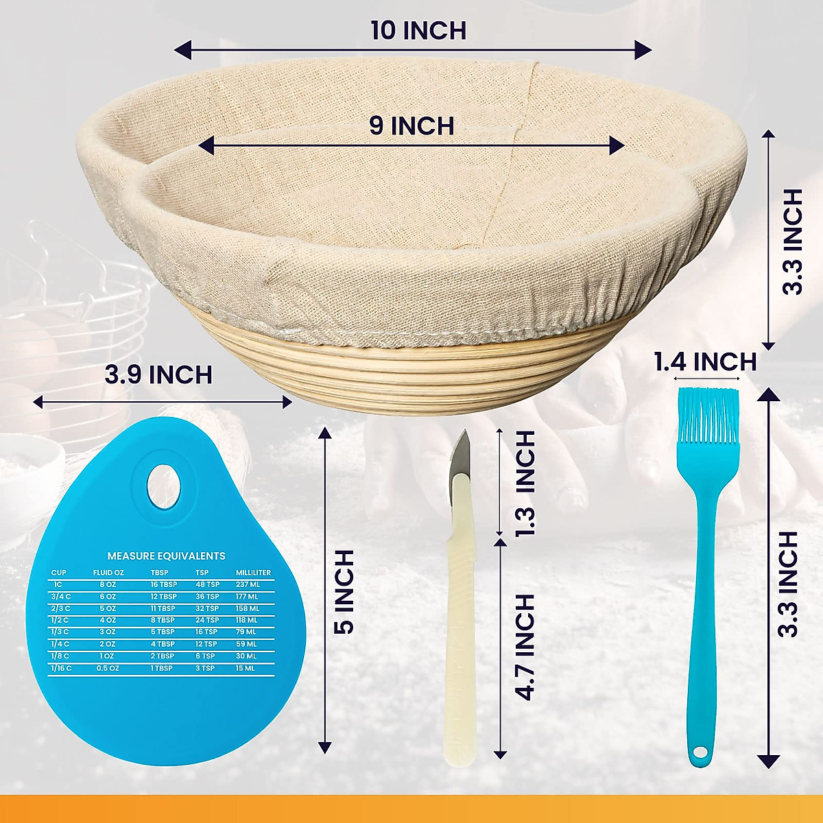 Bread Banneton Proofing Basket Set | 9” & 10” Round Baking Bowl Kit for Sourdough | Includes Dough Scraper, Bread Lame, Brotform Cloth Liner, Basting Brush (Blue)
