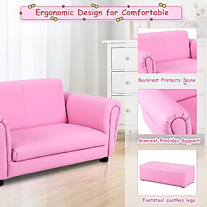 GLACER Kids Sofa with Footstool, Upholstered Toddler Couch Chair for Boys and Girls, 2 Seat Baby Sofa Chair Children Armchair with Sturdy Wood Construction, ASTM and CPSIA Certified (Pink)