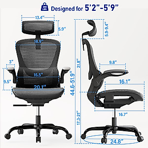 GABRYLLY Ergonomic Office Desk Chair, High Back Mesh Chair with Adjustable Flip-up Arms, Swivel Computer Task Chair with Lumbar Support, Tilt Function for Home,Office & Student