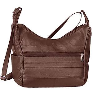 Women's Leather Medium Cross Body Purse Shoulder Ladies Handbag with Many Pockets (Brown)