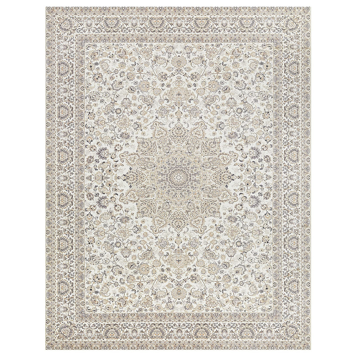 Area Rug Living Room Rugs: 9x12 Large Machine Washable Non Slip Thin Carpet Soft Indoor Luxury Floral Stain Resistant Carpets for Under Dining Table Farmhouse Bedroom Nursery Home Office Beige