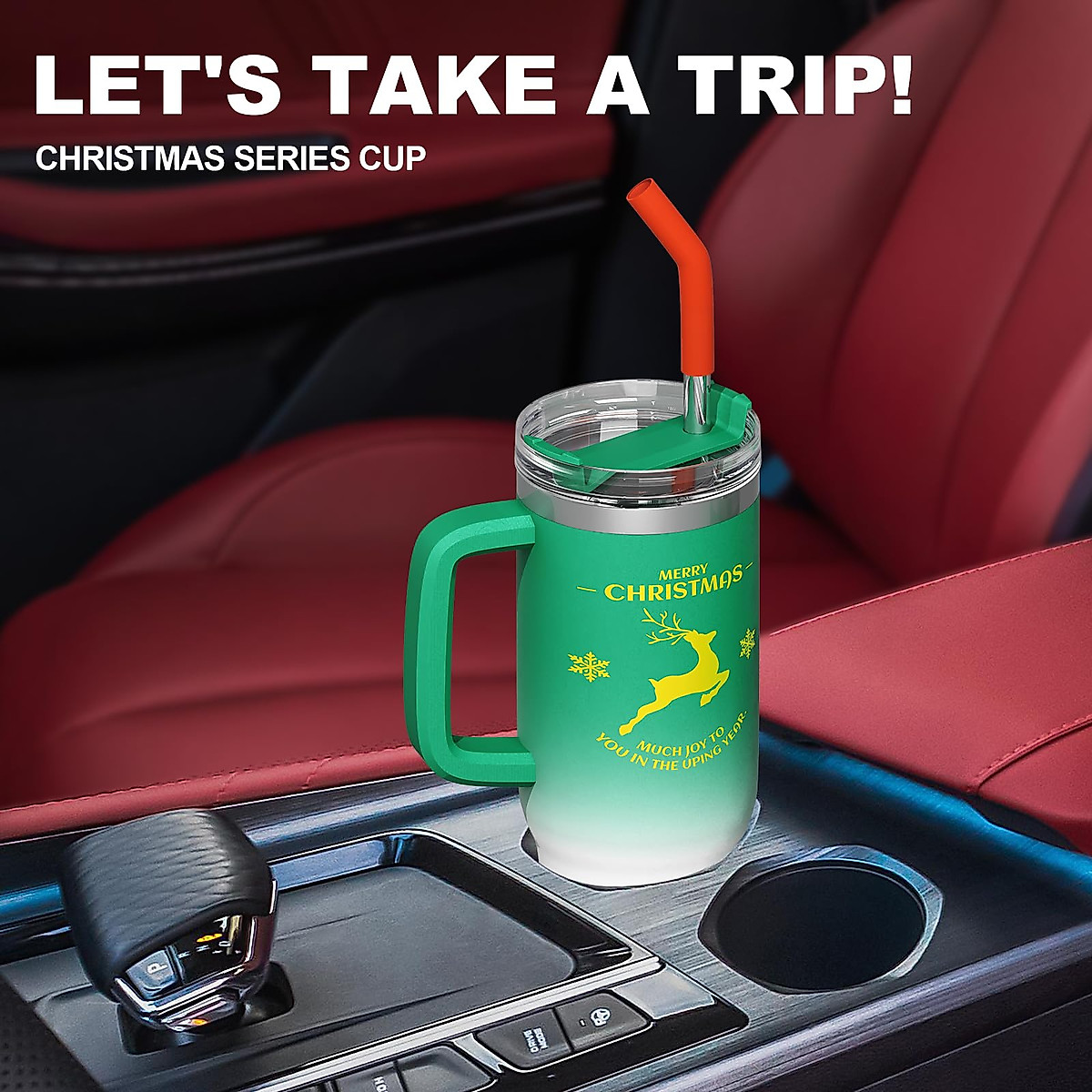 FOHGEE Christmas Style 30oz Stainless Steel Tumbler with Handle - Keep Drinks Cold & Hot All Season! (Green Reindeer)