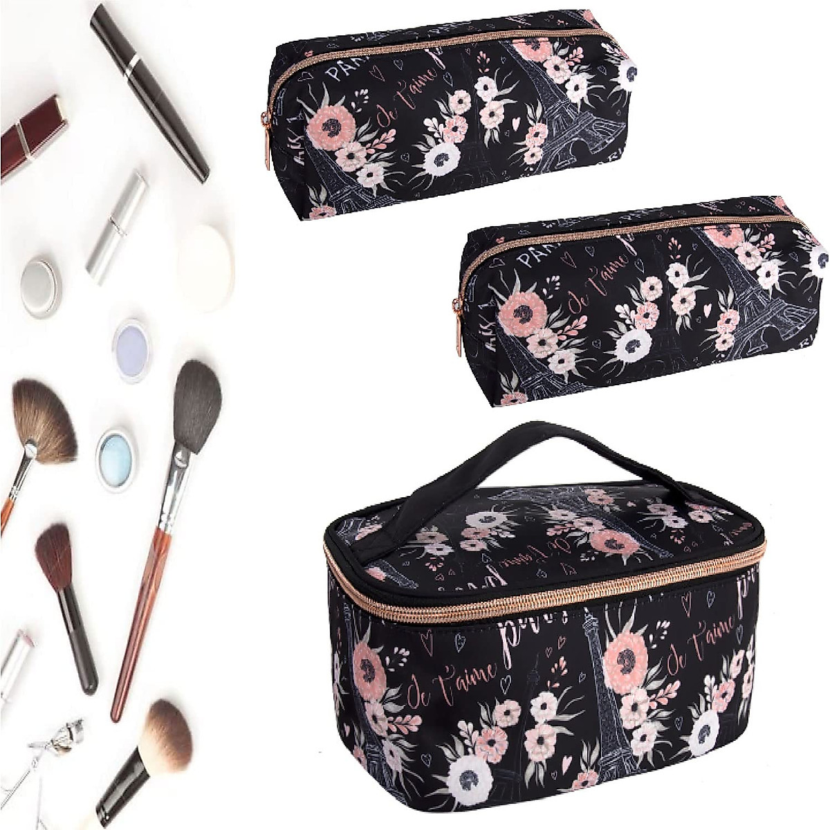 Emma & Chloe 4 Piece Toiletry Bag Set, Waterproof Home, Travel Cosmetic Train Case Makeup Bags for Women with Handle, Zipper – 4 Makeup Bags Set (Paris Je T'aime)