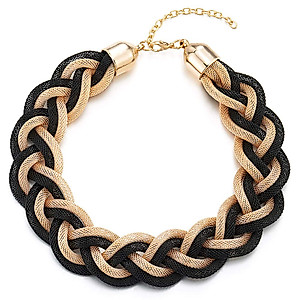 COOLSTEELANDBEYOND Gold Black Statement Necklace, Braided Hollow Cable Large Bib Choker Collar, Dress Prom