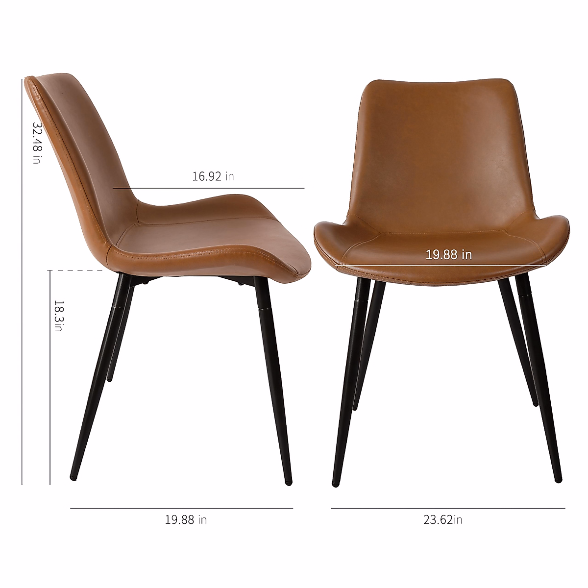 CangLong Dining Chairs Set of 2 in Faux Leather Brown Cushion Seat, Upholstered Dining Accent Side Chairs with Comfy Back and Sturdy Black Metal Legs for Living, Restaurant & Meeting Room, Brown