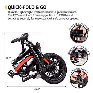 Swagtron Swagcycle EB-7 Elite Folding Electric Bike with Removable Battery and Rear Suspension, Blue/White, 16" Wheels