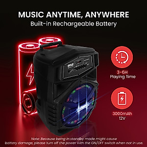 Pyle 12'' Portable Bluetooth Speaker System - 1000W Karaoke Speaker w/ LED Lights, USB/Micro SD/FM/BT/Aux/Remote Control/Mic & Guitar Inputs, Built-in Rechargeable Battery w/ Wheels & Handle Bar