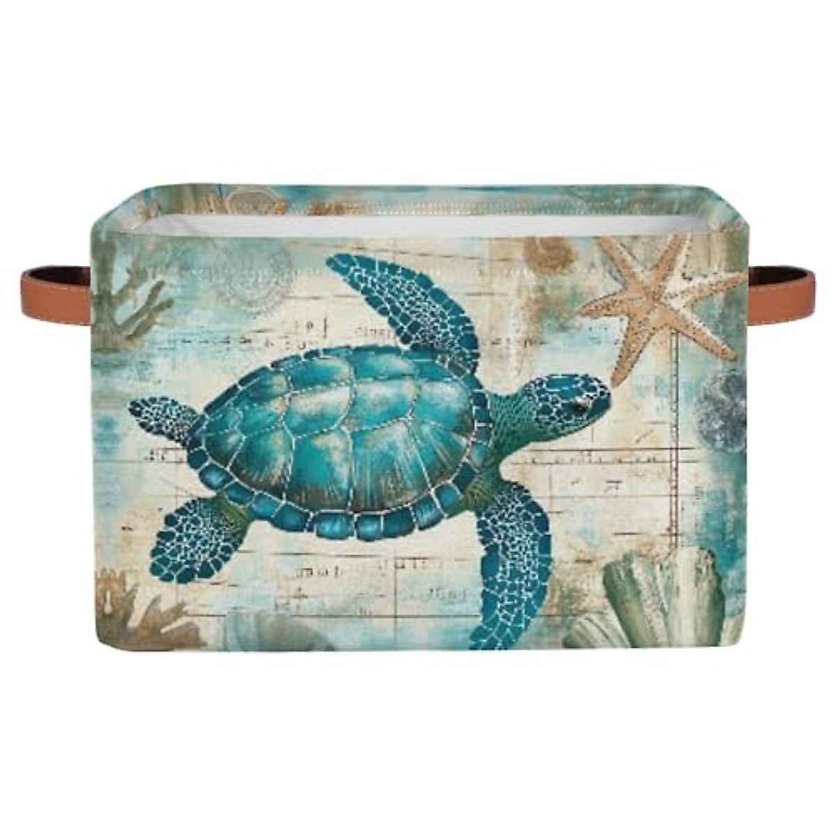 Sea Turtle Retro Map Storage Basket Bin Nautical Ocean Starfish Large Fabric Toys Storage Cube Box with Handles Collapsible Closet Shelf Cloth Organizer Basket for Nursery Bedroom Gift