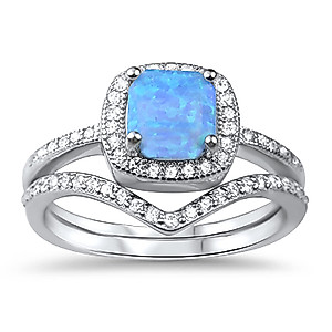 LaRaso & Co Sterling Silver Princess Cut 1 carat Blue Lab Opal Wedding Engagement Bridal Ring Set 8