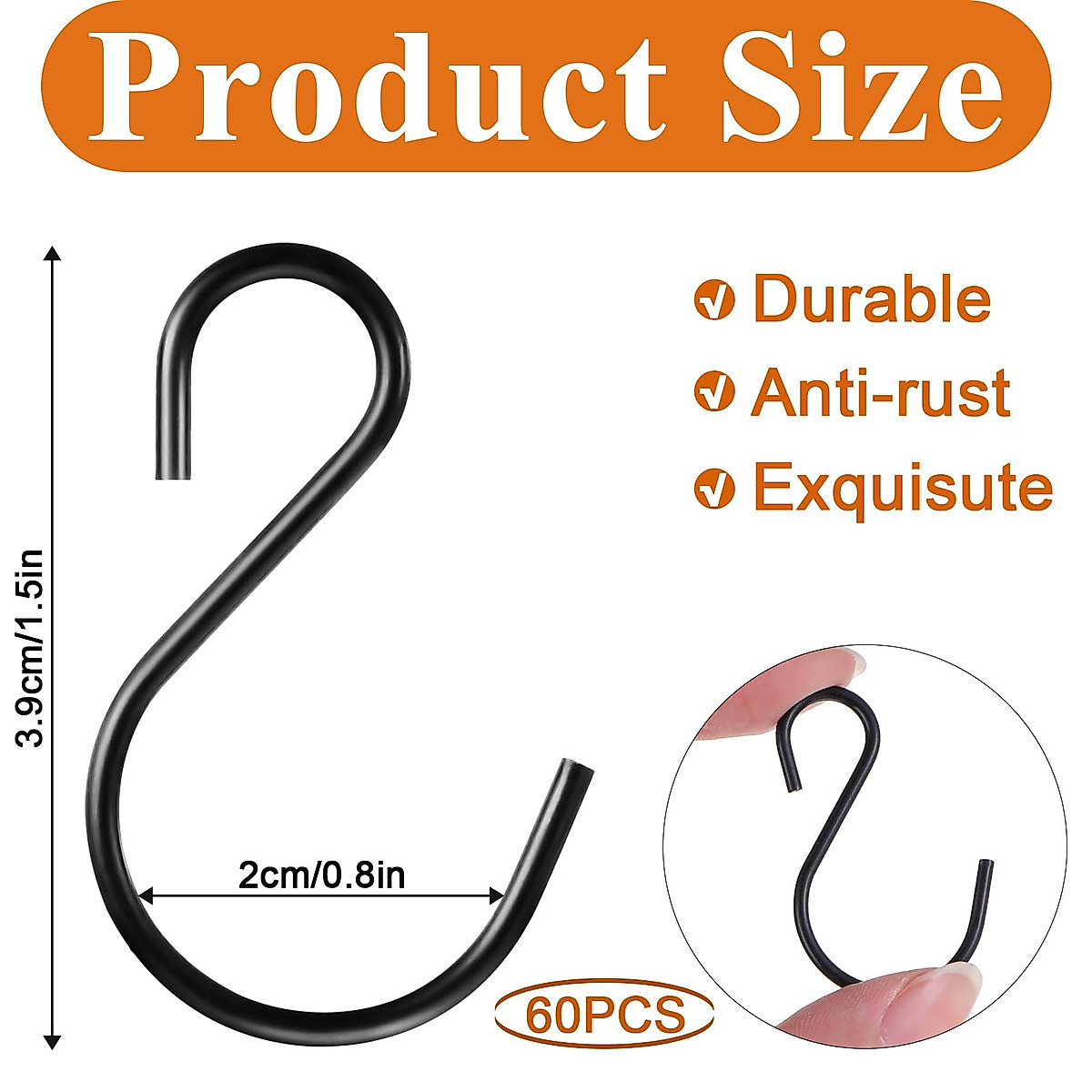 Aiyorse 60 Pack Small S Hooks, 1.5 Inch S-Hooks Ornament Storage Hooks for Hanging Jewelry Black S Shaped Hooks, Hanging Hooks for Spoons Pans Pots Utensils Kitchenware Potted