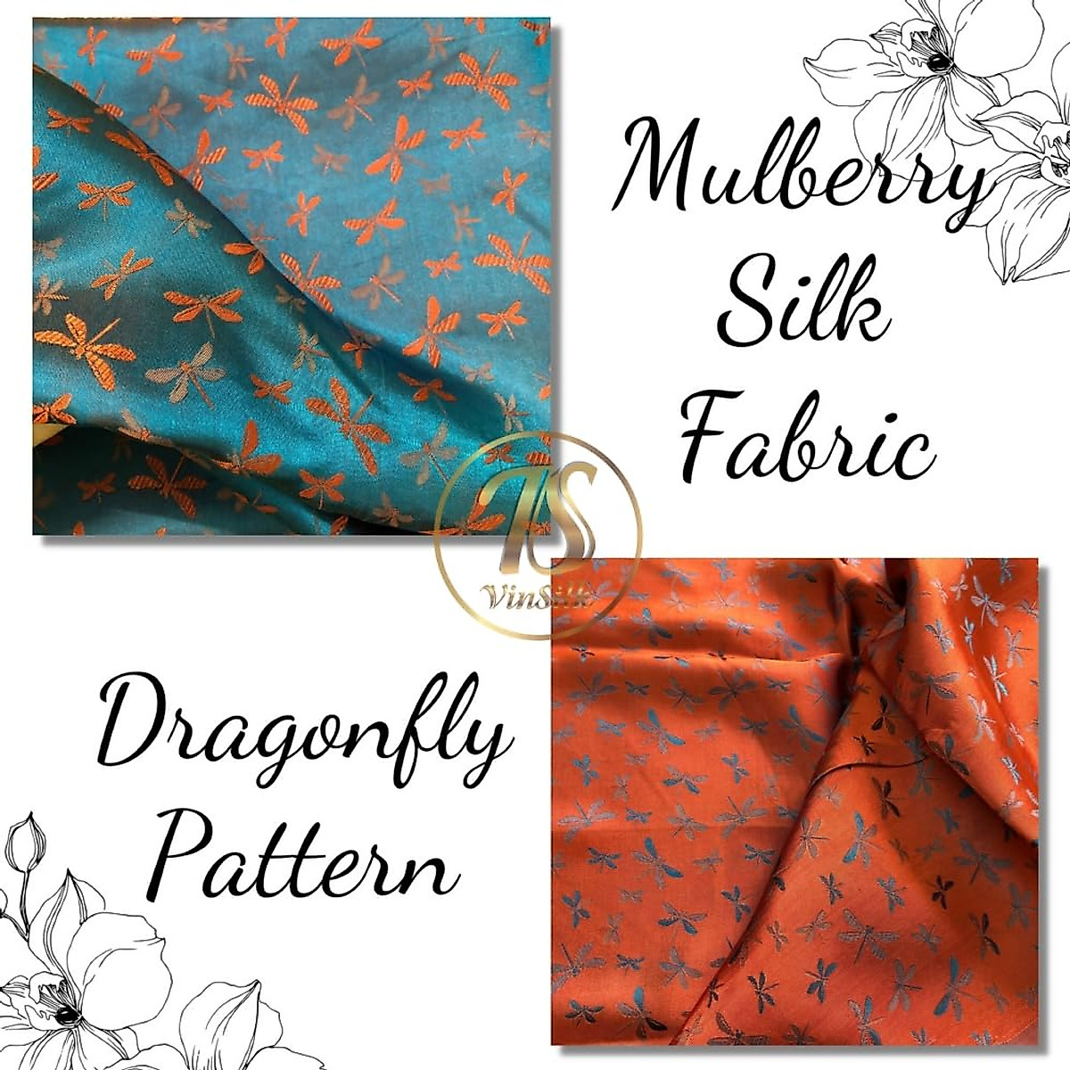 VINSILK Mulberry Silk Fabric, Pattern Silk Fabric, Dragonfly Pattern, Fabric for Clothes, Silk for Sewing, Silk Apparel Fabric, Luxury Silk, Dress Making, Cut in Continuous Yards. (color01, 0.5 yards)